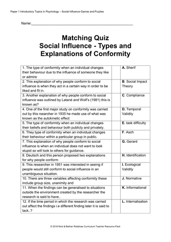 Activity - Matching Game - Social Influence Week 1 - Types and ...
