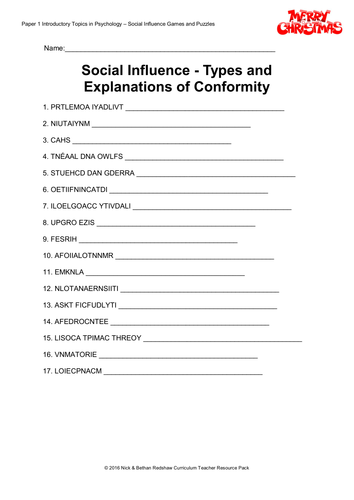Activity Word Scramble - Social Influence - Types and Explanations of ...