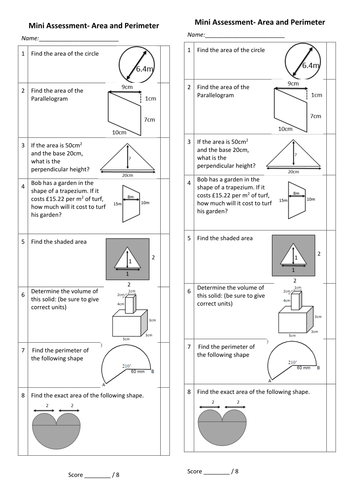Mini Assessment - Area and perimeter including circles | Teaching Resources