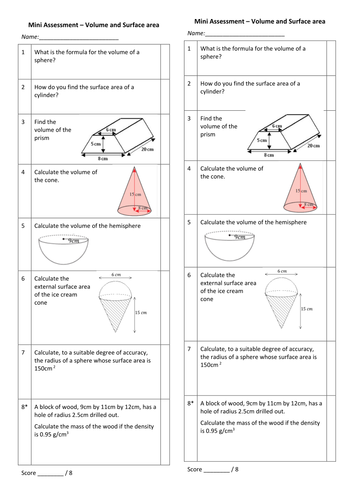 Mini Assessment - Volume and surface area | Teaching Resources