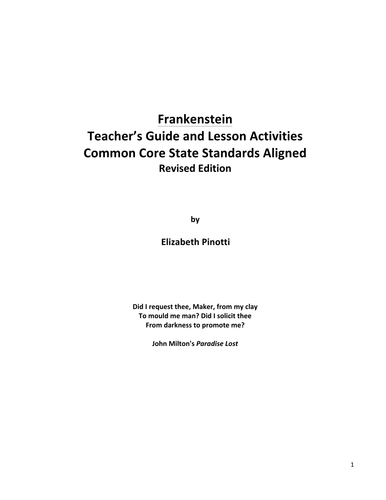 Frankenstein Teacher’s Guide and Lesson Activities Common Core State ...