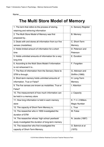 Activity - Matching Game - Memory - The Multi Store Model of Memory ...