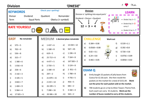 Basic Division ONESIE | Teaching Resources