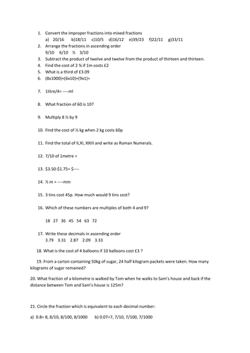 Mathematics Years 3/4 Mixed Topics Worksheet focussed on Fractions ...