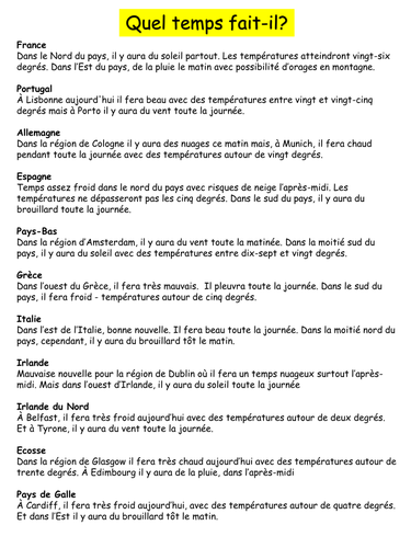 Quel temps fait il? - reading pack; weather and tenses | Teaching Resources