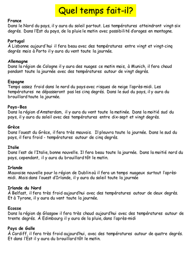 Quel temps fait il? - reading pack; weather and tenses | Teaching Resources