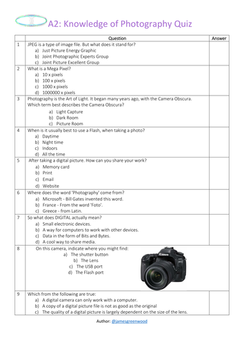 Ks3 Photography - A2: Knowledge of Photography quiz paper | Teaching ...