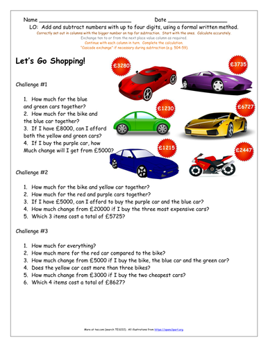 Y4 Formal Written Addition and Subtraction Word Problems Shopping ...