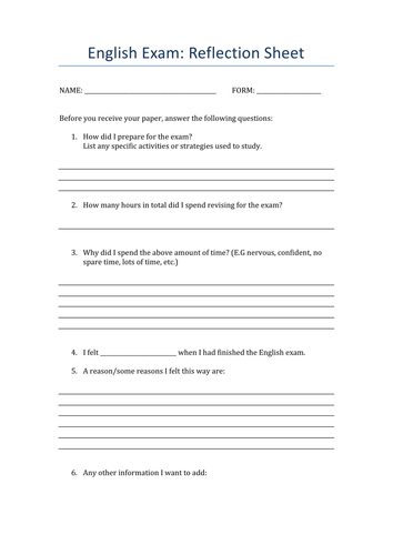English Exam Self Reflection Sheet | Teaching Resources
