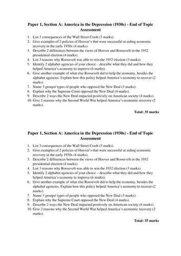 AQA GCSE Section 1A America. Part 2 1930s America in the Depression ...