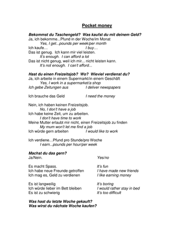 GCSE German Speaking Preparation - Money | Teaching Resources