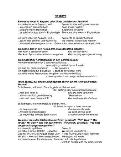 GCSE German Speaking Preparation - Holidays | Teaching Resources