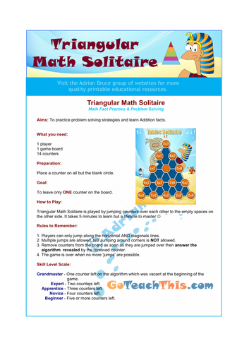 Addition Facts Games - Maths Solitaire | Teaching Resources