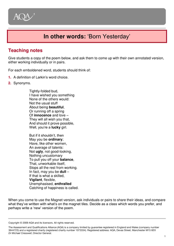 GCSE Poetry "Born Yesterday" With Lots of Activities Suitable for ...