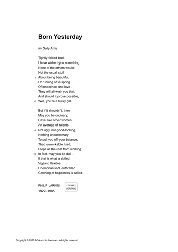 GCSE Poetry "Born Yesterday" With Lots of Activities Suitable for ...