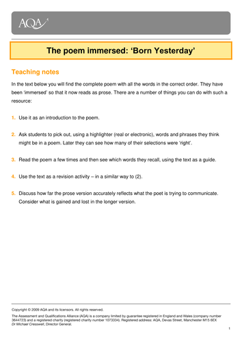 GCSE Poetry "Born Yesterday" With Lots of Activities Suitable for ...