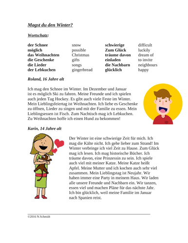 German Reading on Winter Activities / Hobbies (ich mag/ich habe (nicht ...