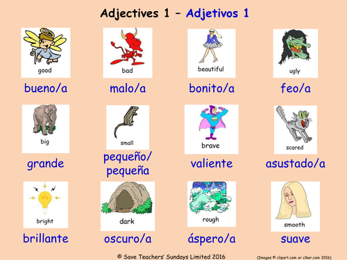 Adjectives in Spanish Posters (18 Spanish adjectives posters ...