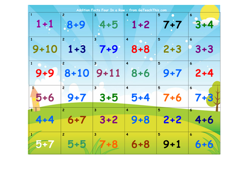 ADDITION GAME - Basic Facts Addition Game - 'Four in a Row' - Heaps of ...