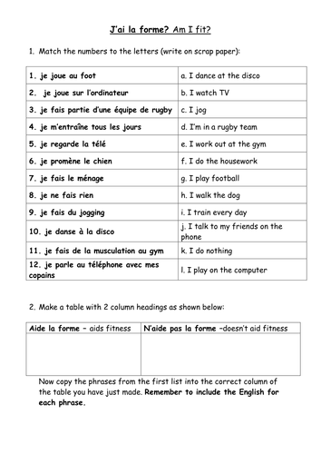 French worksheet about healthy lifestyles | Teaching Resources