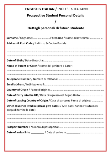 Bilingual Prospective Student Details Form | Teaching Resources