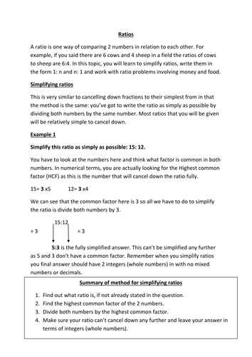 KS3 and GCSE Maths Ratios Teaching Sheet | Teaching Resources