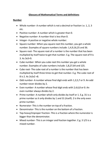 KS3/KS4 (Foundation) Glossary of Mathematical Terms | Teaching Resources