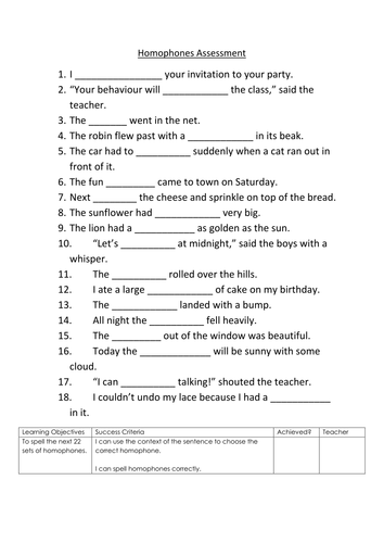 Homophones assessment for second set of 22 homophones | Teaching Resources