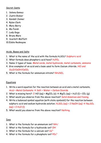 Full Christmas Quiz, (High Level Chemistry as Main Component), PPT, W/S ...