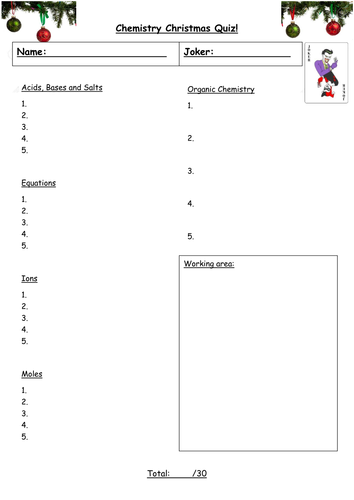 Full Christmas Quiz, (High Level Chemistry as Main Component), PPT, W/S ...