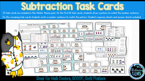 Subtraction Task Cards Winter Theme - K - 1 | Teaching Resources
