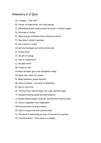 Chemistry A to Z Quiz (inc answers) | Teaching Resources