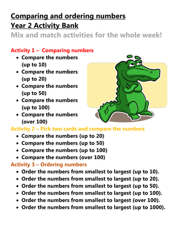 Comparing and ordering numbers Year 2 Activity Bank (Differentiated ...