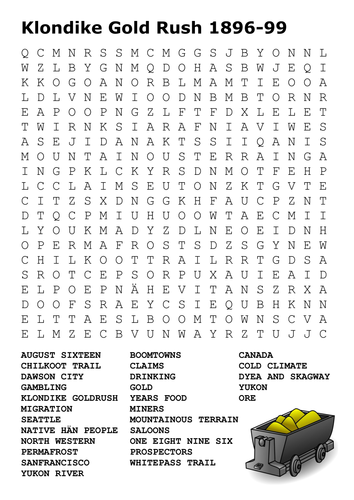 Klondike Gold Rush Word Search - Free Printable Templates