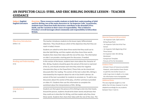 An Inspector Calls: Sybil and Eric Birling - Double Lesson! | Teaching ...