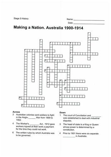 Crossword and word search - Making a Nation. Australia 1900-1914 ...