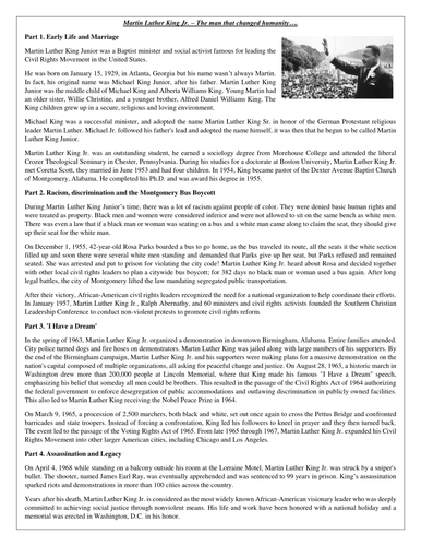 Martin Luther King Jr.'s Life and Work - Reading Comprehension ...