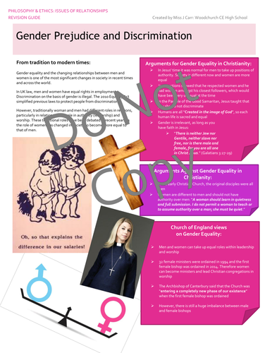 WJEC Eduqas Gender Prejudice and Discrimination Information Sheets ...