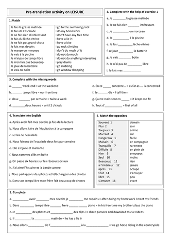 KS3/4 French Translation- Leisure: 5 translations with solution and pre ...