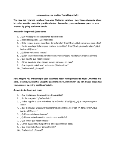 Las vacaciones de navidad speaking activity | Teaching Resources
