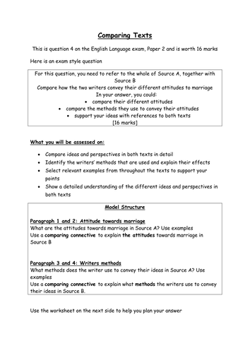 Comparing Texts- a step by step activity to answer question 4, paper 2 ...