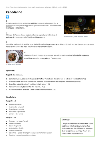 Italian New Year Traditions - KS3 - Worksheet and Answers | Teaching ...