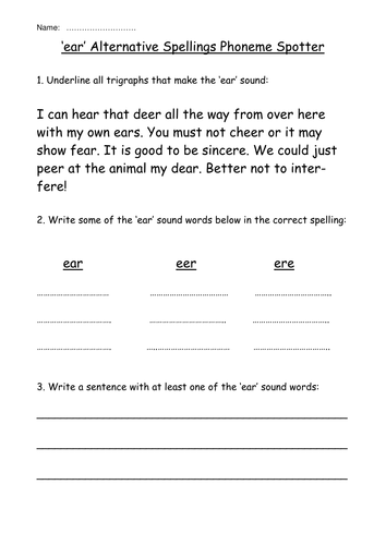 'ear' Sound Alternative Spelling Phoneme Spotter Worksheet | Teaching ...