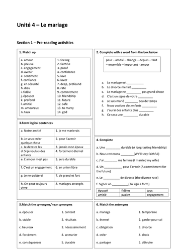 GCSE French Unit 4: Marriage (reading, vocabulary builders and ...