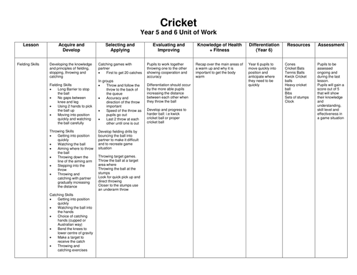 Cricket PE Unit of Work (Years 5 and 6) | Teaching Resources