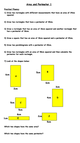 Same area but different perimeter and vice versa worksheet (Year 6 ...