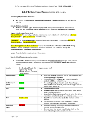 GCSE PE - Redistribution of blood flow | Teaching Resources