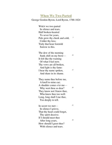 When We Two Parted - Lord Byron - Love/ Relationships Poetry | Teaching ...