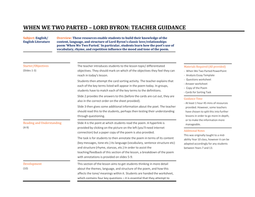 When We Two Parted - Lord Byron - Love/ Relationships Poetry | Teaching ...