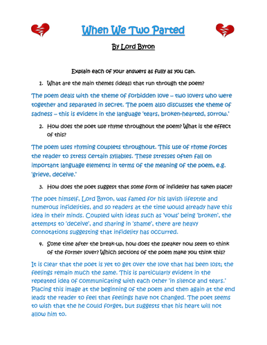 When We Two Parted - Lord Byron - Love/ Relationships Poetry | Teaching ...